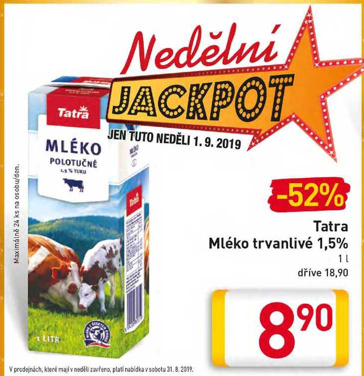 Akcie na Tatra trvanlivé mléko polotučné 1,5 % 1l jenom za 8,9 Kč ...
